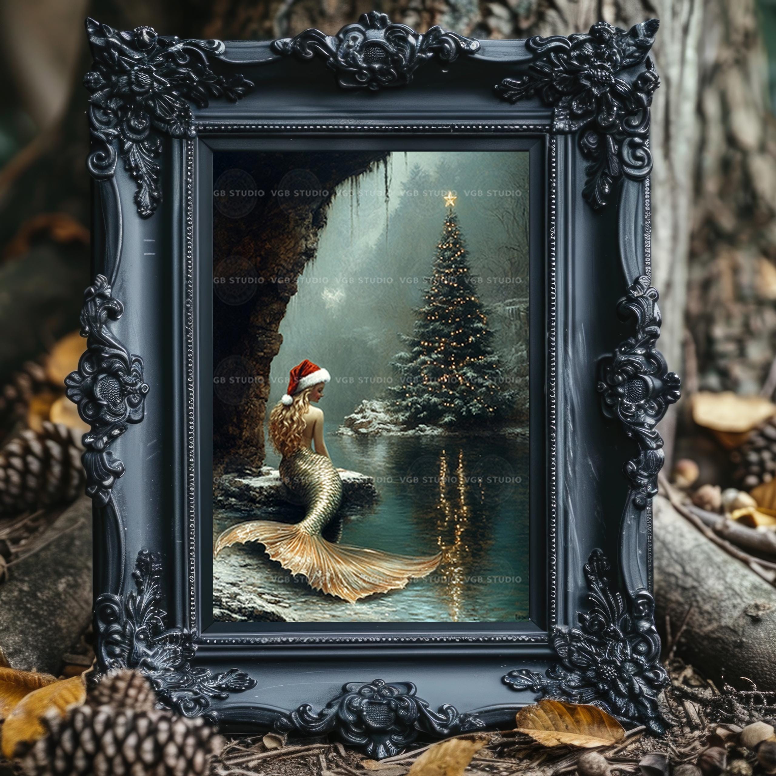 Christmas Mermaid Art Print Fantasy Holiday Wall Decor Whimsical Winter ...