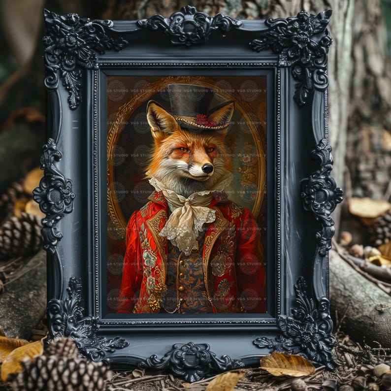 Victorian Fox Portrait Art Print Regal Animal Wall Decor Whimsical Red ...