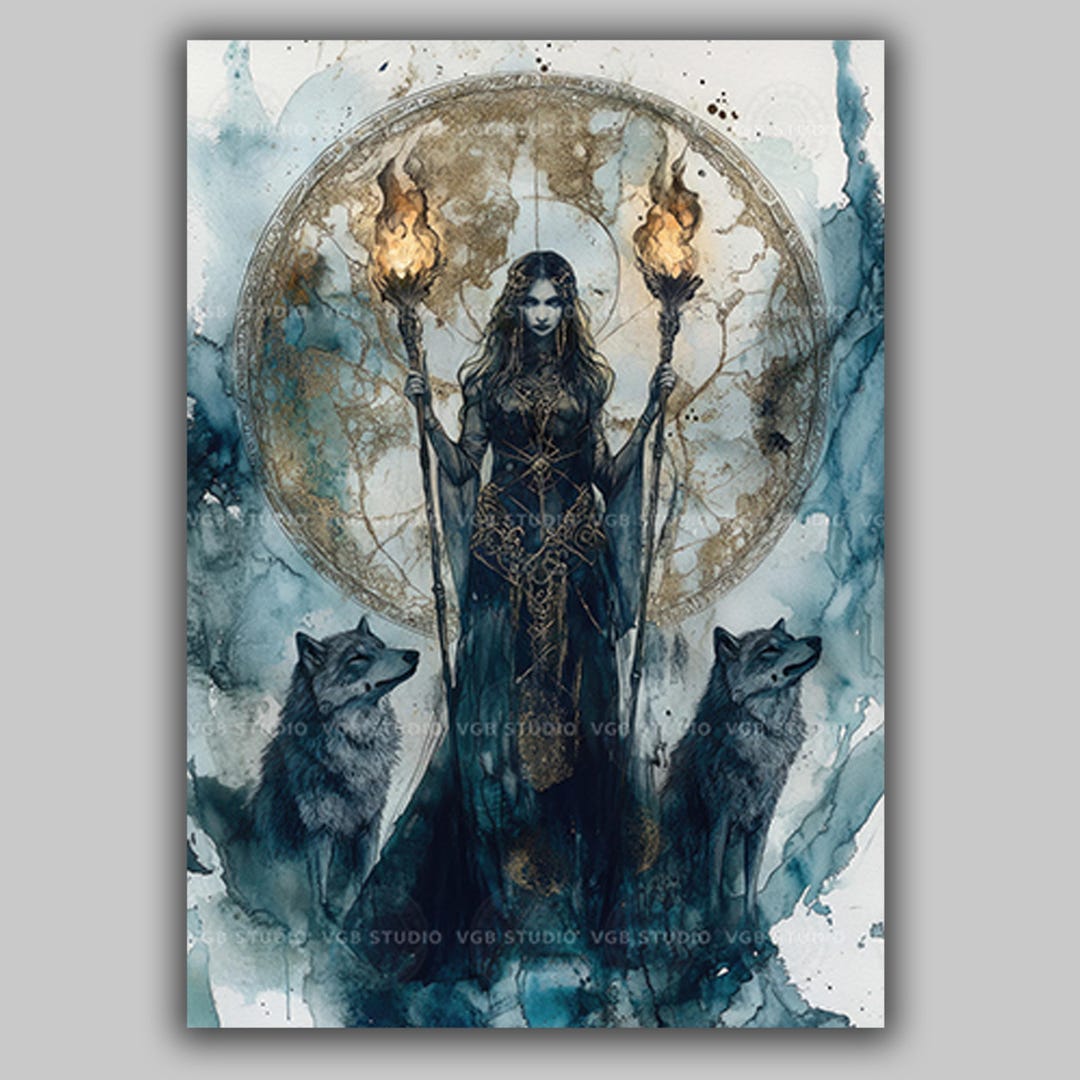 Hecate Goddess of Magic Witchcraft and the Moon With Torches and Wolves ...