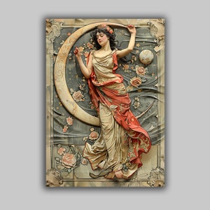 Selene Greek Moon Goddess, Art Deco Luna Vintage Painting, Celestial ...