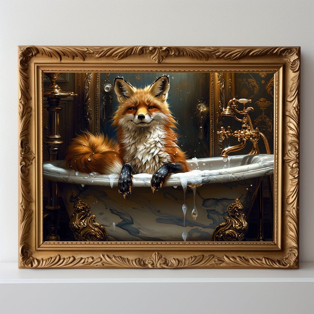 Red Fox Bath Victorian Bathtub, Bathroom Whimsical Humorous Fine Art ...