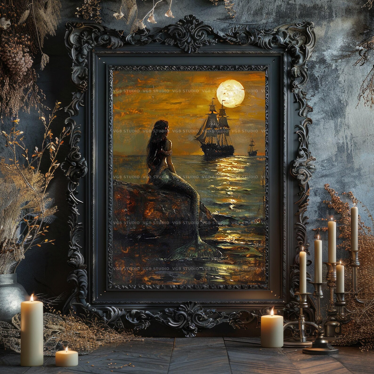 Beautiful Mermaid Contemplating Sunset Painting, Siren Baroque Art ...