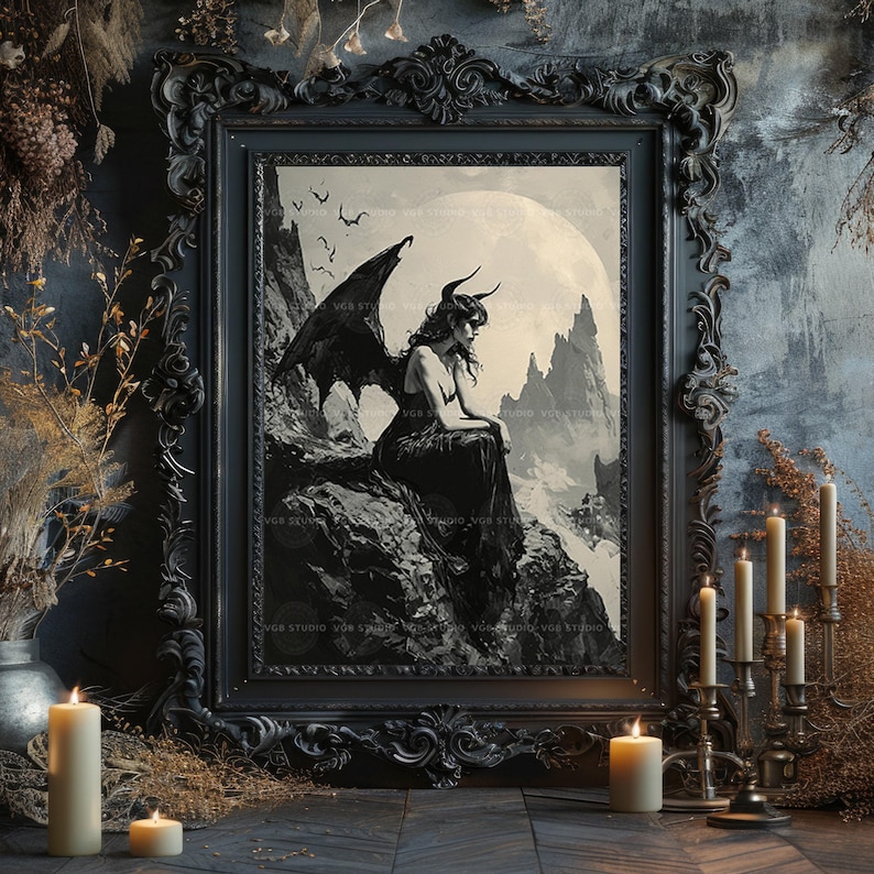 Gothic Lilith Dark Winged Woman Wall Art Print Fantasy Horned Female ...