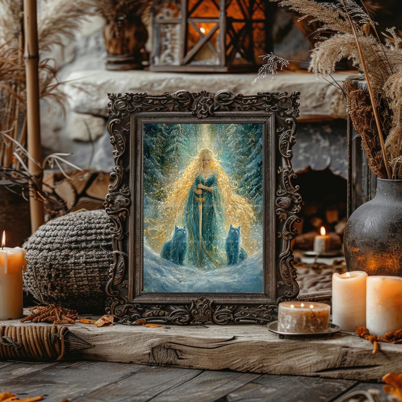Freya Norse Goddess Art Print With Sword and Blue Cats, Freyja Radiant ...