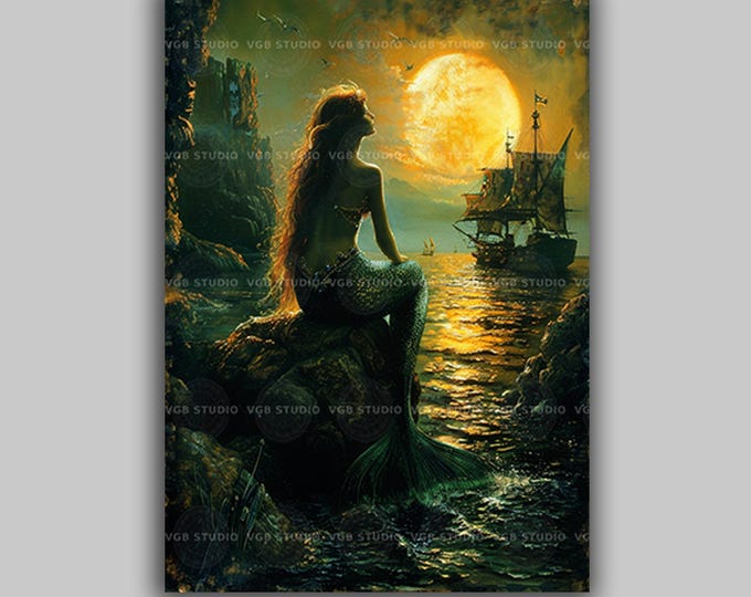 Art PRINT - Midnight Mermaids Sirens Dark Blue Foggy Night Ship Sailing ...