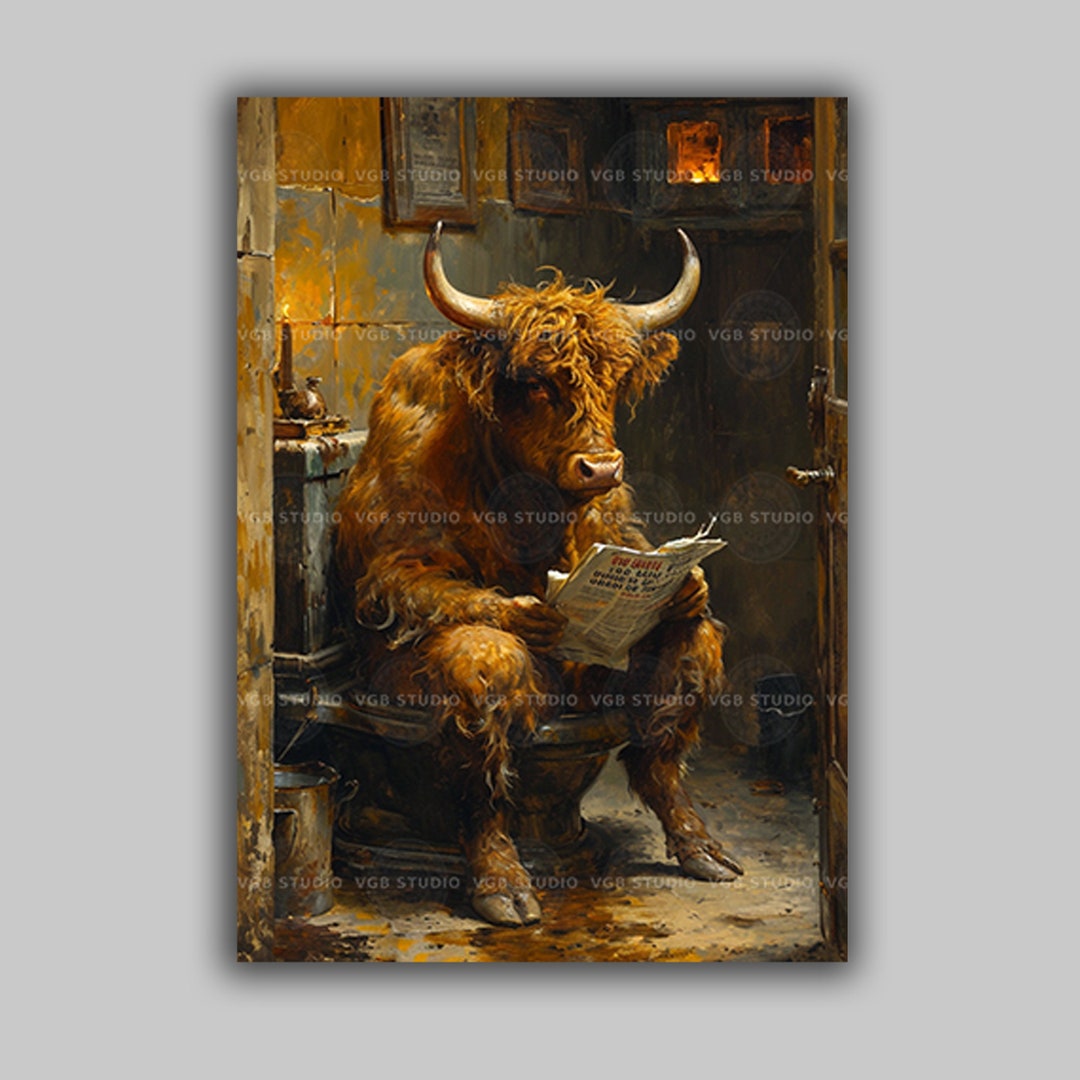 Highland Cow Victorian Gentleman Bull Reading Newspaper on Toilet ...