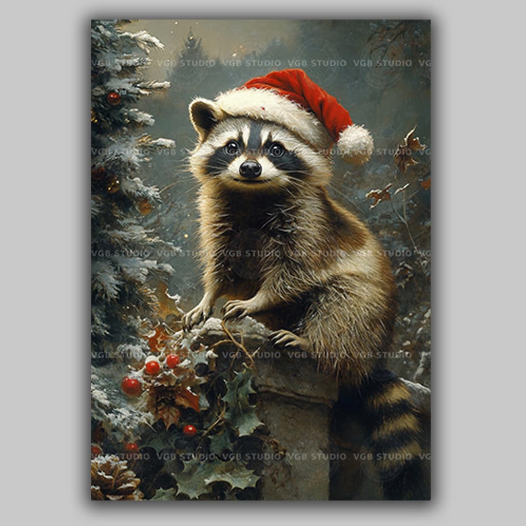 Christmas Racoon Wearing Santa Hat Cozy Home Art Print, Whimsical ...