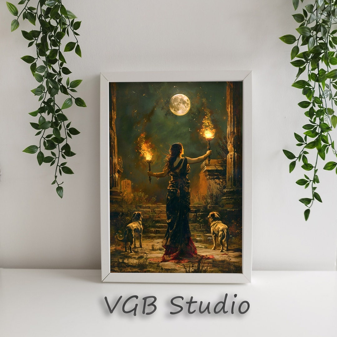 Hecate Night Goddess Temple Print, Hekate Full Moon Holding Torches ...