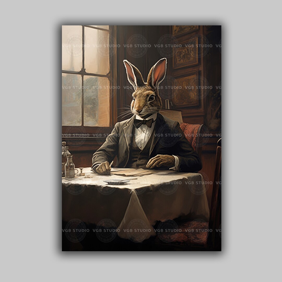 Elegant Rabbit Dining Scene Art Print, Whimsical Animal at Table ...