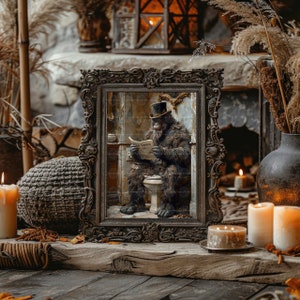 Bigfoot Reading Newspaper on Toilet Print, Sasquatch Top Hat Gentleman ...