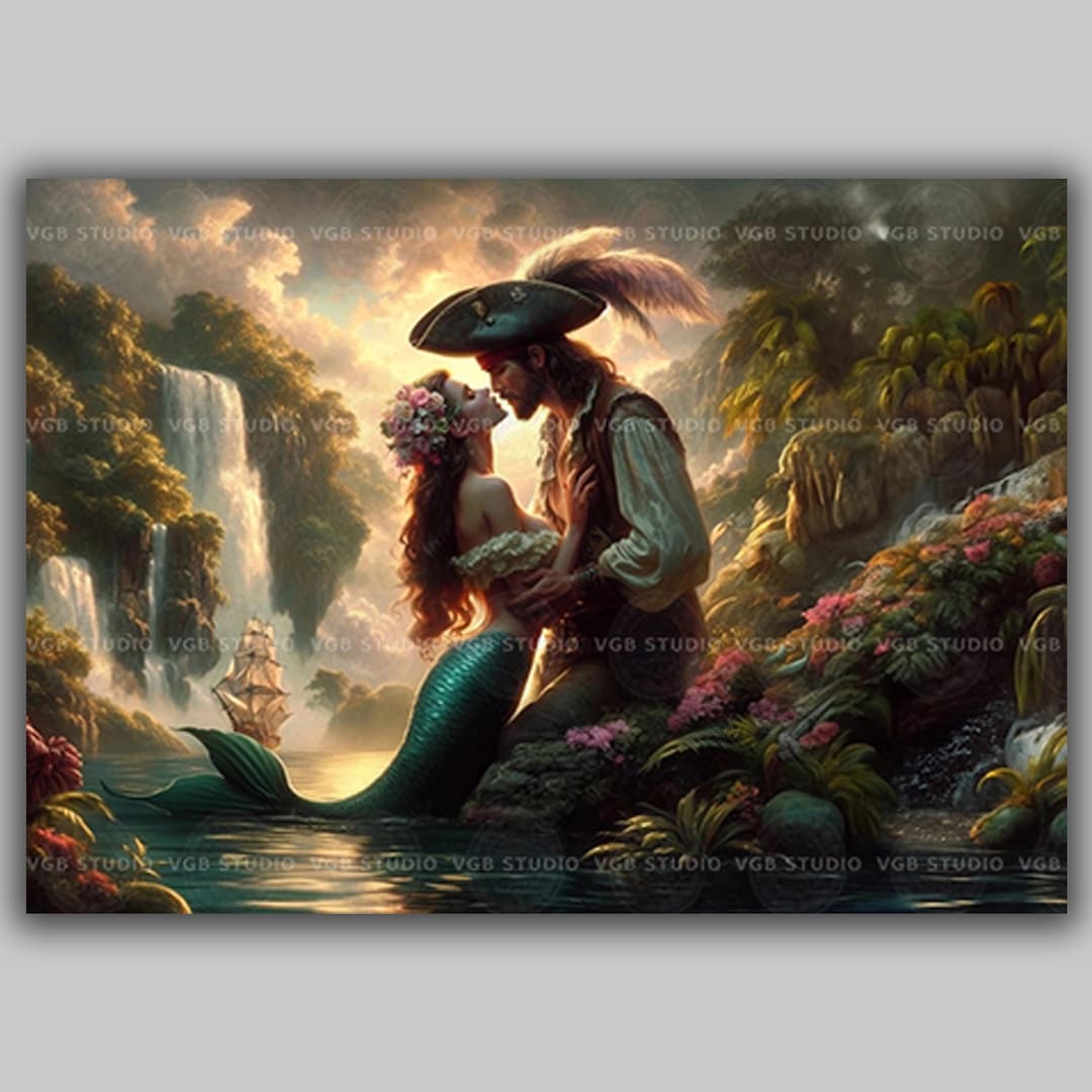 Mermaid and Pirate Fantasy Art Print Romantic Ocean Siren With Sailor ...