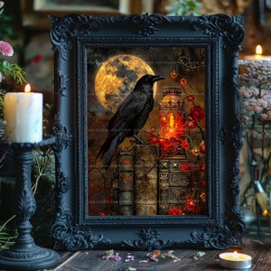 Raven Art Print Gothic Moon Book Decor Dark Academia Wall Illustration ...