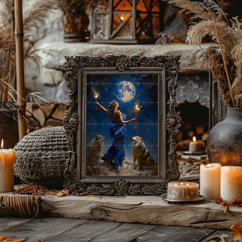 Hecate Art Print Moon Goddess Decor Witch With Wolves Pagan Wall Art ...