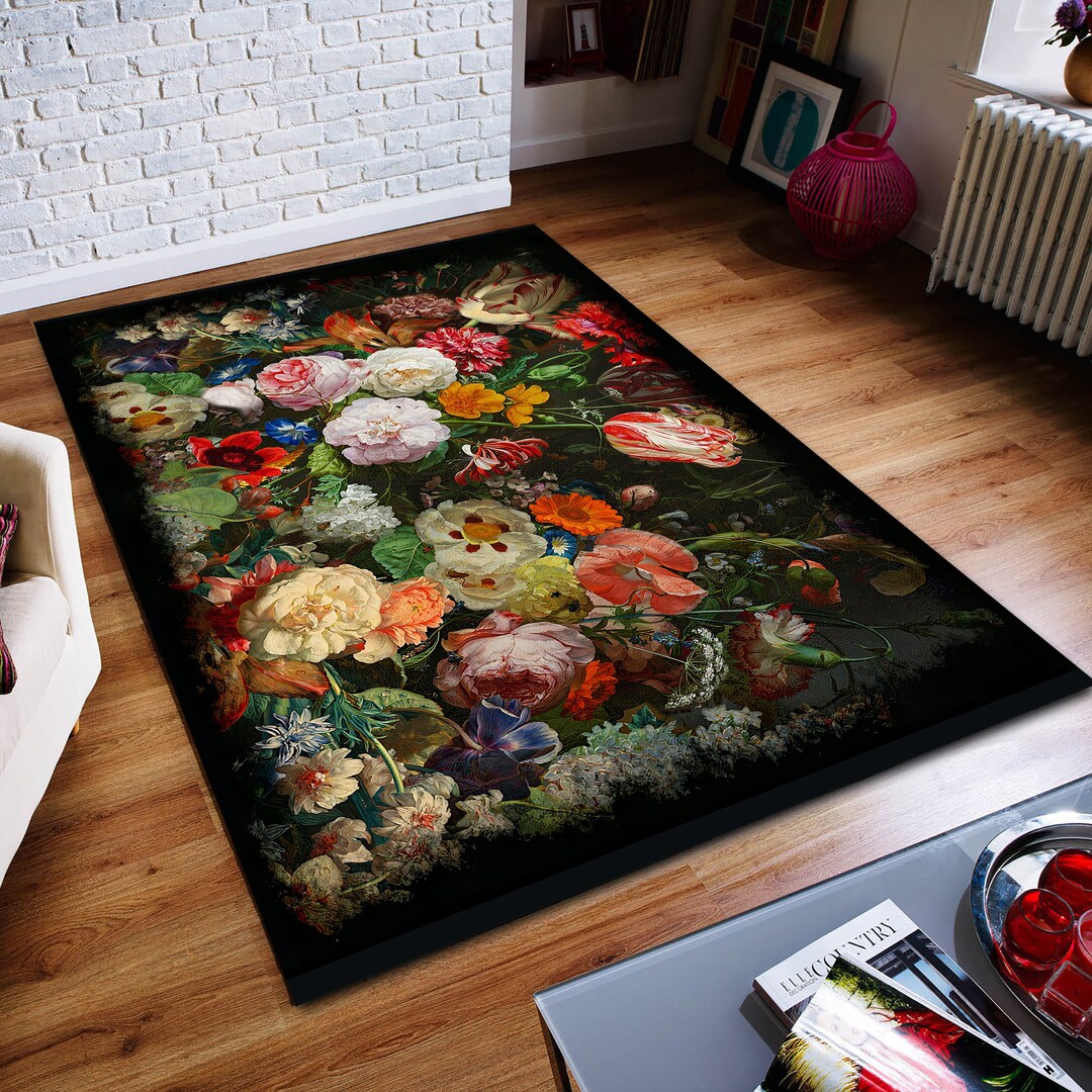 Colorful Roses Rug, Gothic,floral Rug, Ethnic, Dark Floor, Black,custom ...