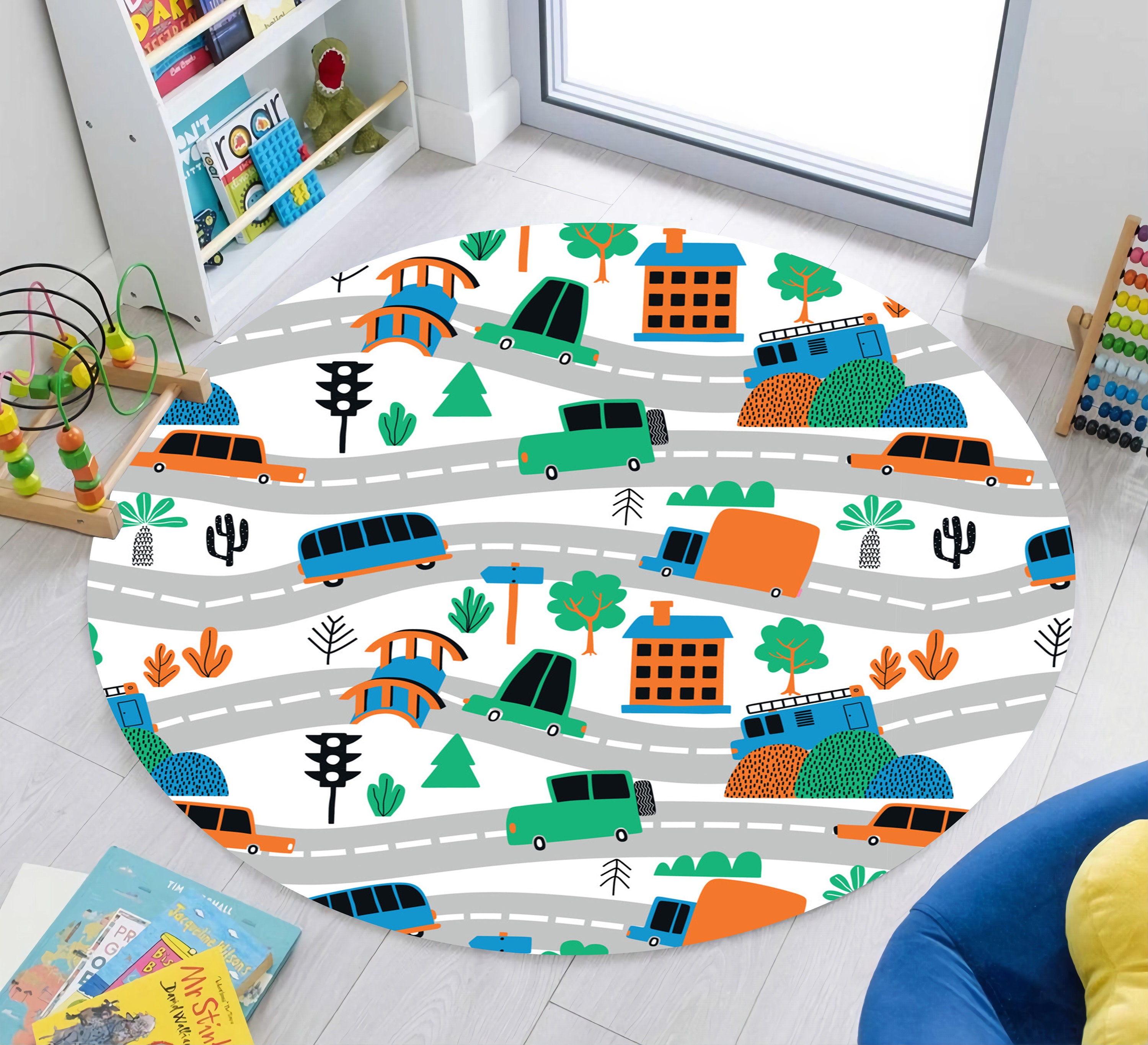 Round Rug City Plan School Bus Trucks Roadway - Etsy