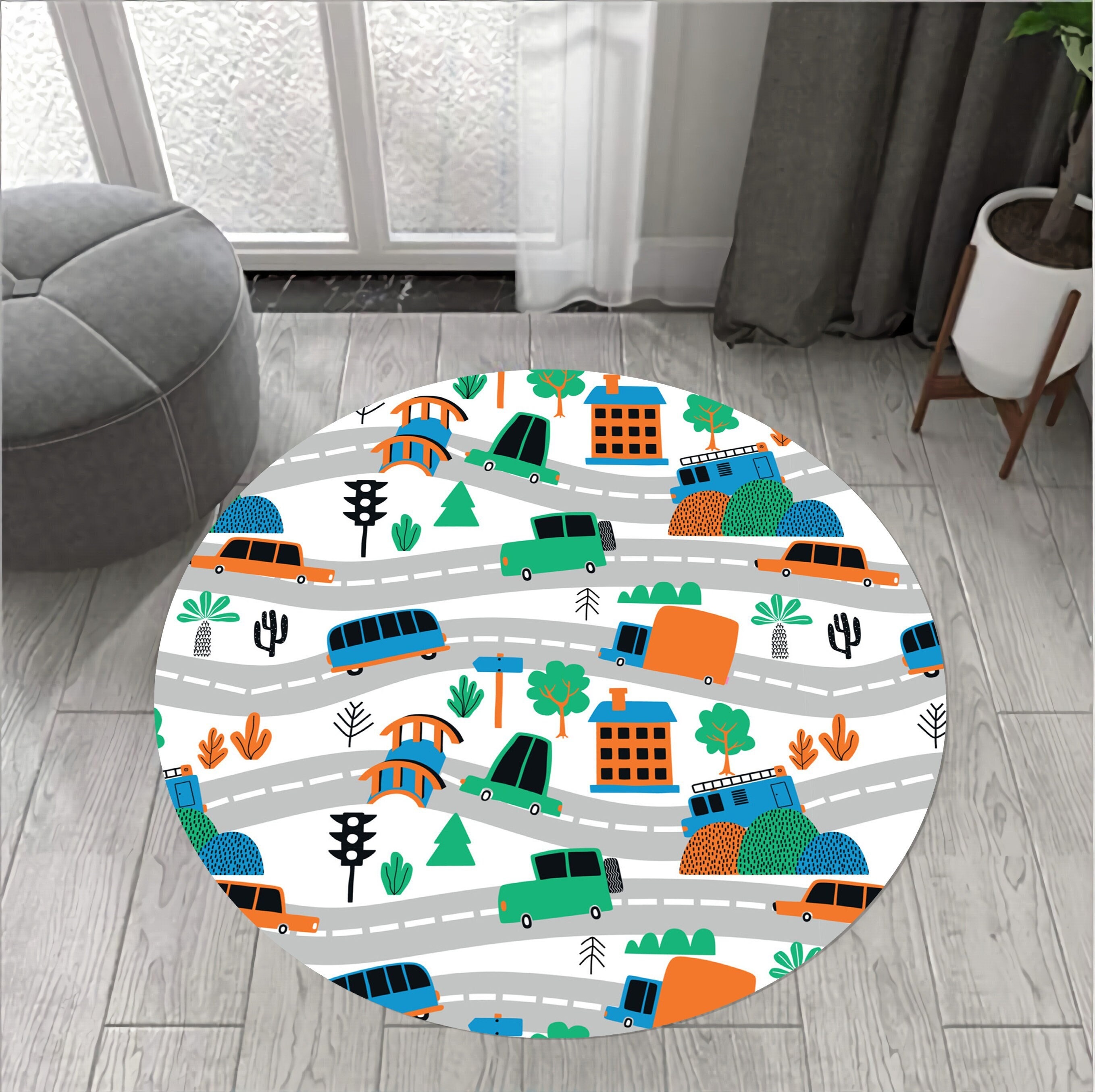 Round Rug City Plan School Bus Trucks Roadway - Etsy