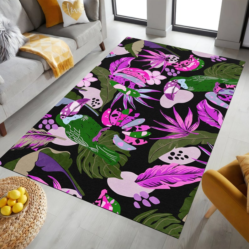 Toucan, Flower, Cottagecore Rug, Floral Embroidery, Floral Rug, Flower ...