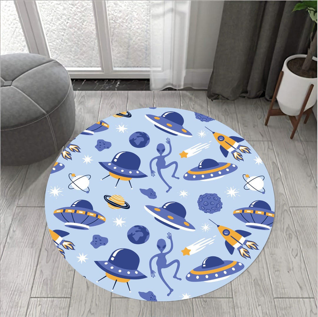 Round Rug, Alien, UFO, Rocket, Spacecraft Rug, Satellite, Custom Rug ...