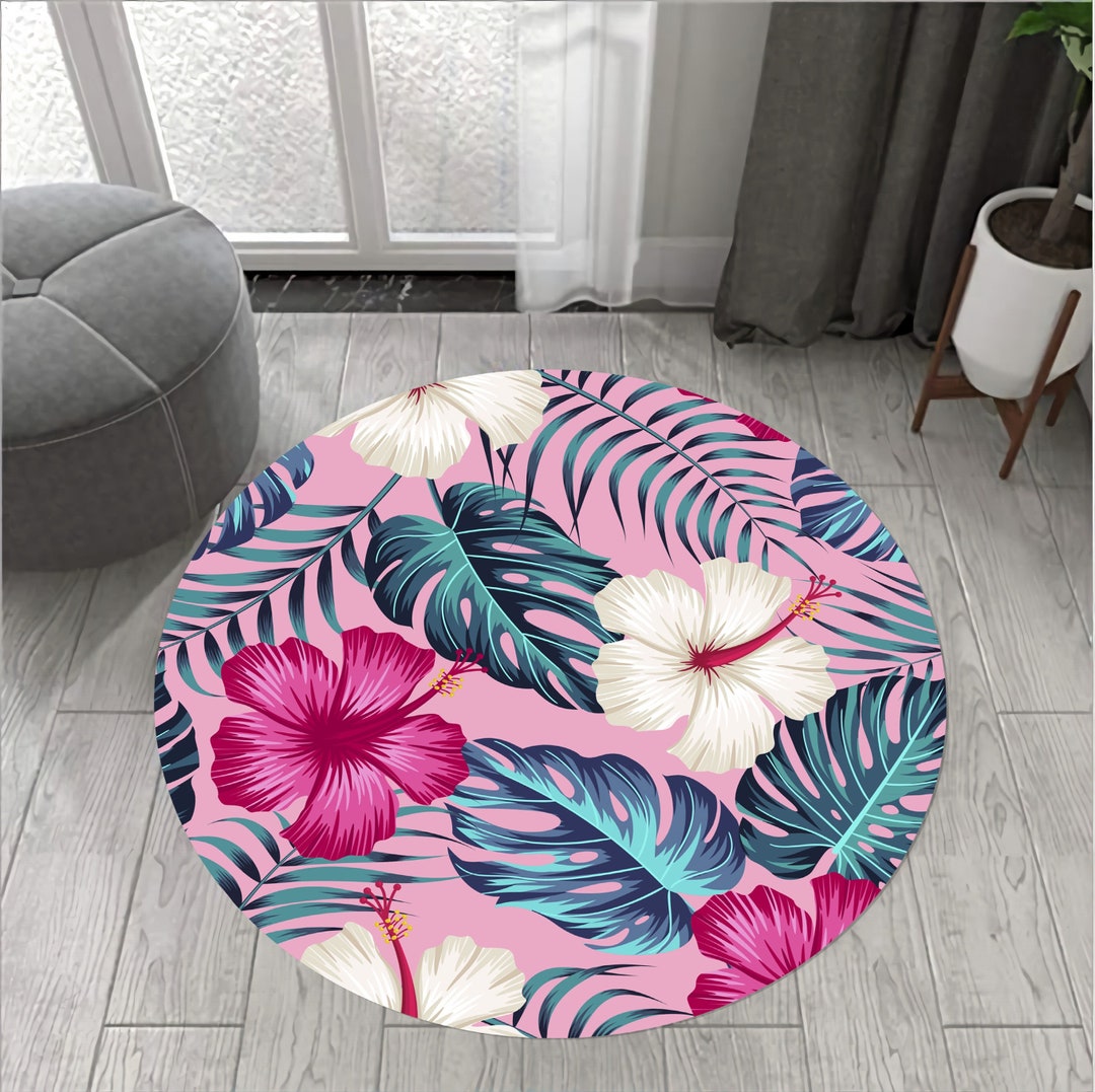 Round, With Leaves, Tropical, Flowers Rug, Colored Abstract Rug, Custom ...