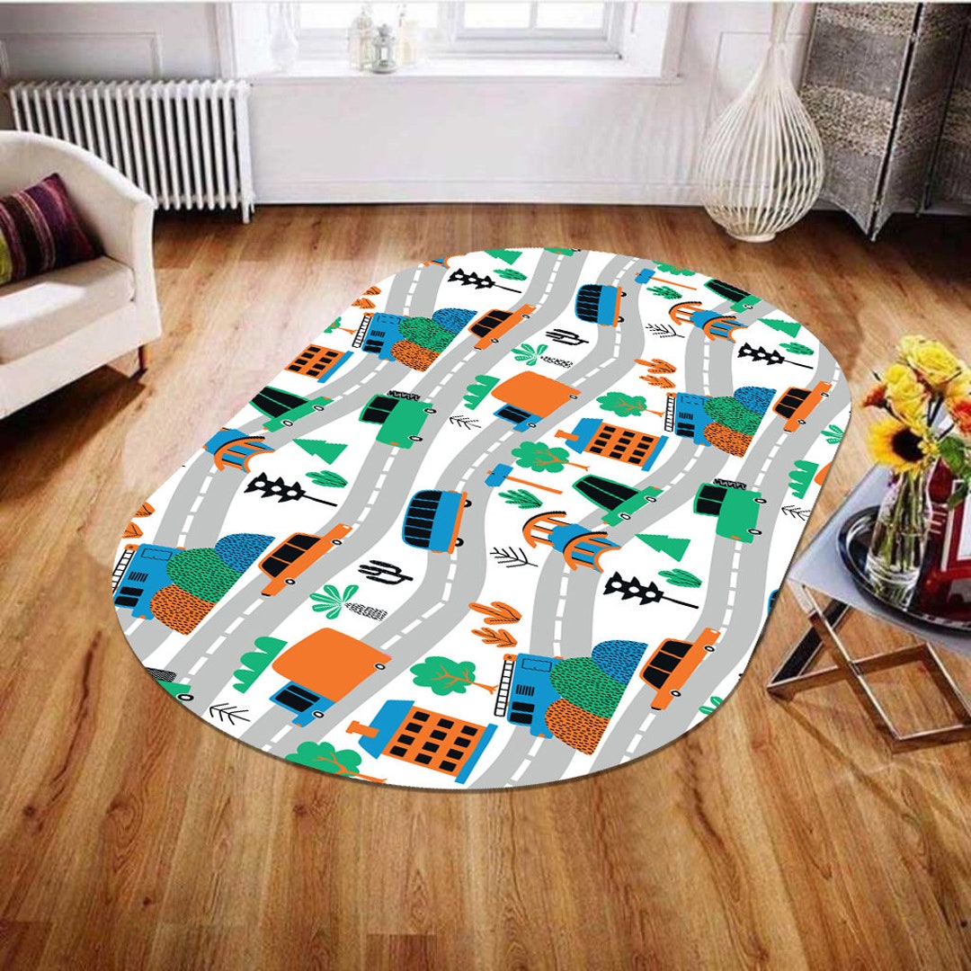 Oval Rug, City Rug, School Bus, Trucks, Roadways, Traffic Rug, Kids ...