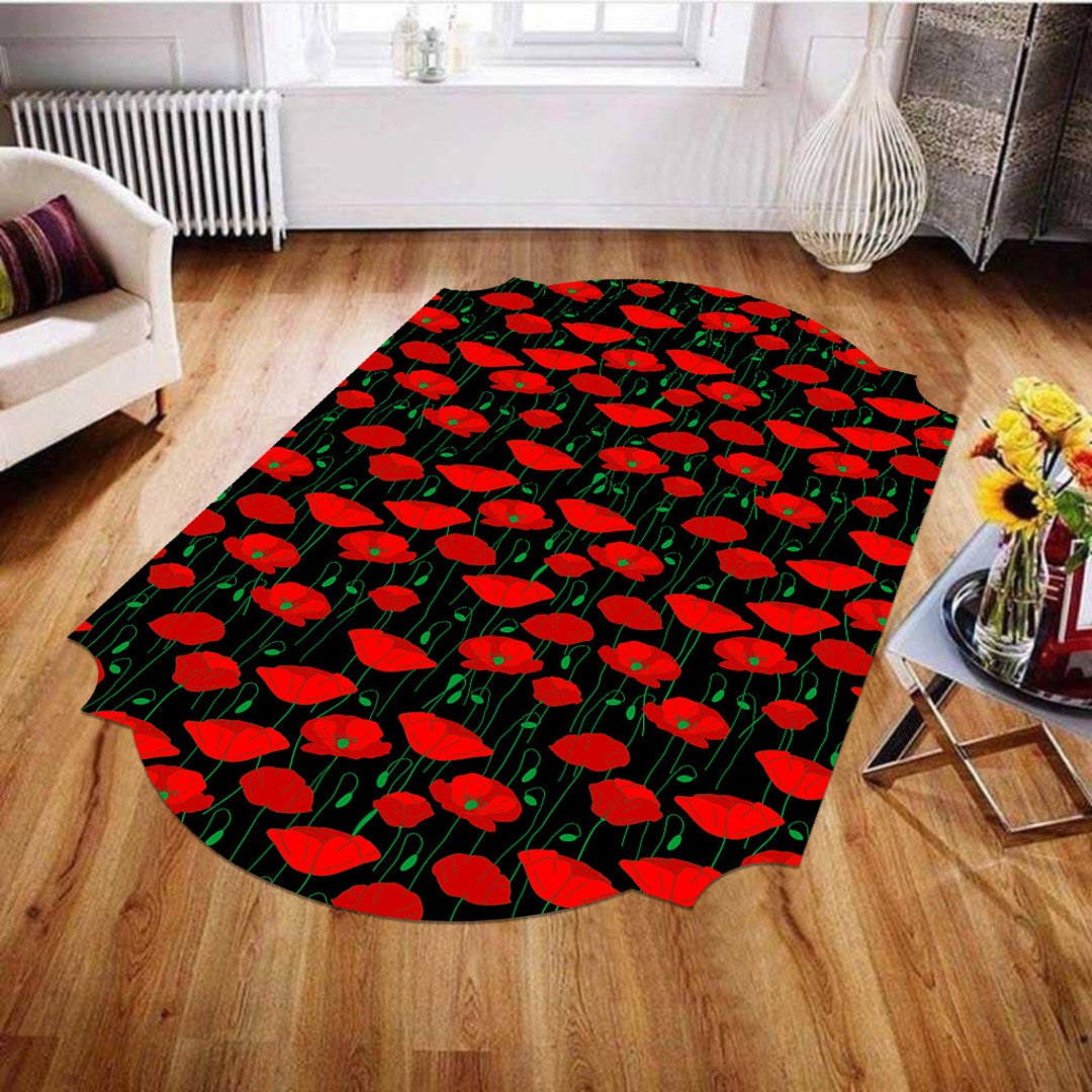 Oval Rug, Poppy Flower, Red Poppy Flower, Custom Rug, Home Decor Rug ...