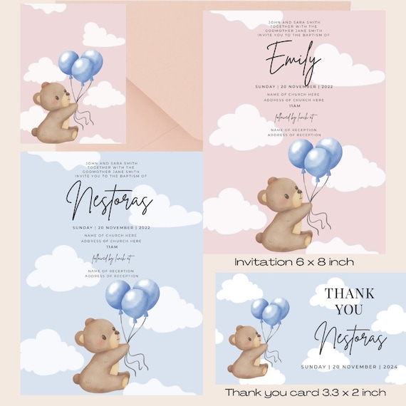 Customisable Teddy Bear Themed Baptism Invitations and Thank - Etsy
