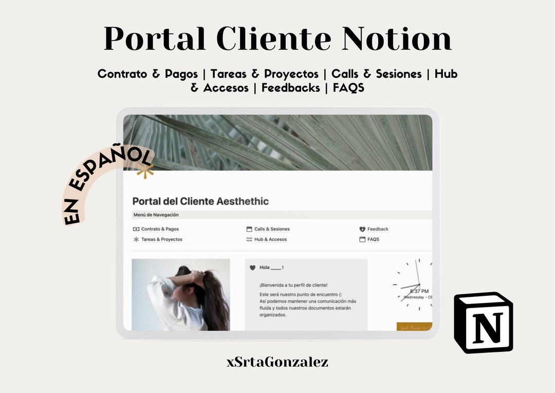 Elegant Notion Client Portal in Spanish, Notion Client Dashboard Spanish, Notion Aesthetic ...