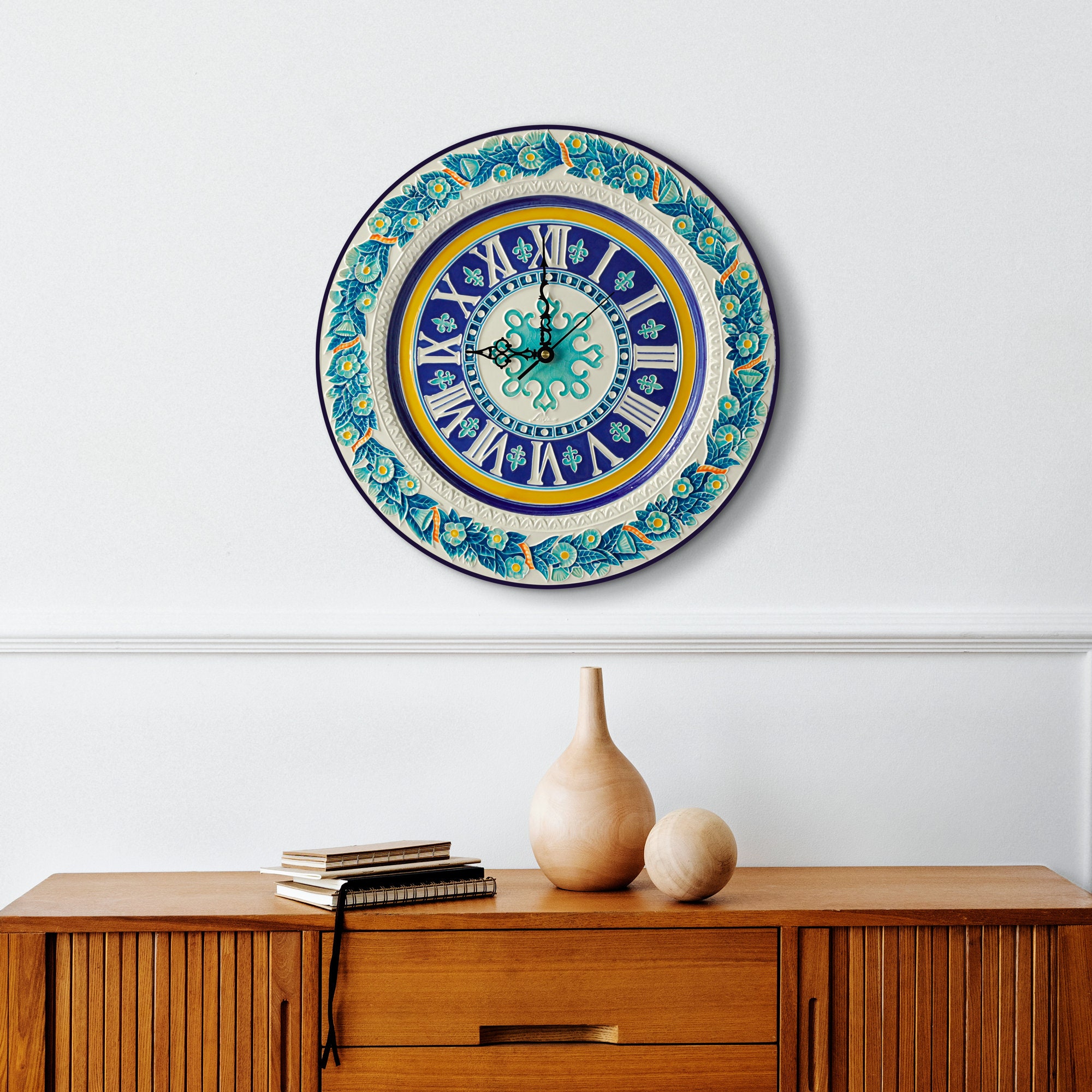 Luciano Cramic Tileworks, Floral Wall Clock, Ø 40 Cm, Relief Ceramic ...