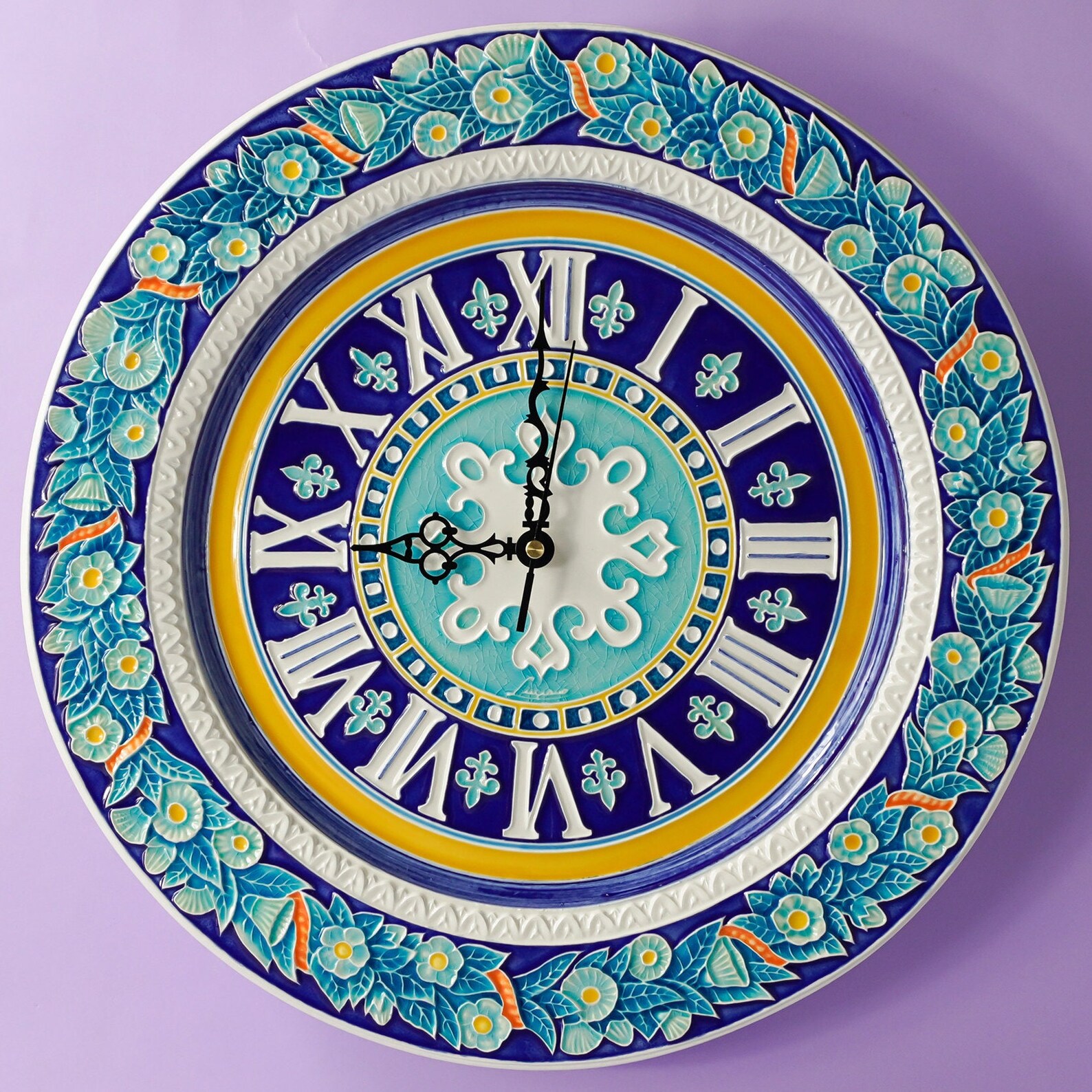 Luciano Cramic Tileworks, Floral Wall Clock, Ø 40 Cm, Relief Ceramic ...