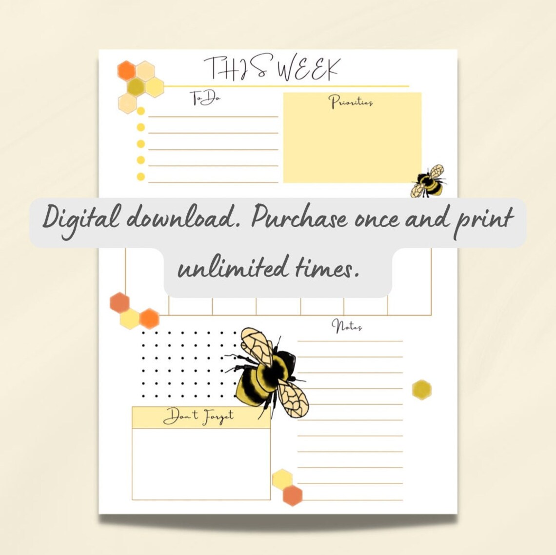 Undated Bee Weekly Planner Printable Sun/mon Start Week Planner ...