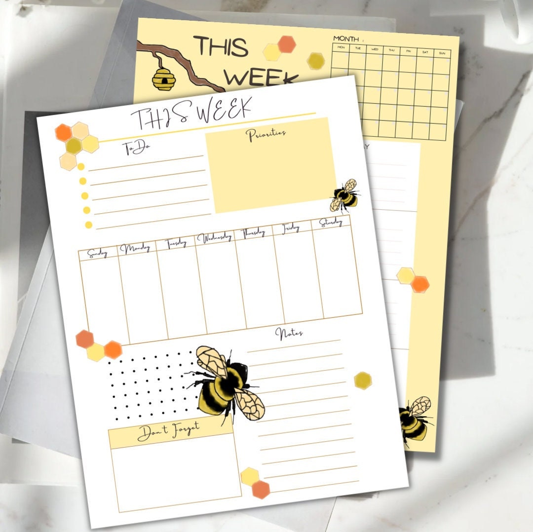 Undated Bee Weekly Planner Printable Sun/mon Start Week Planner ...