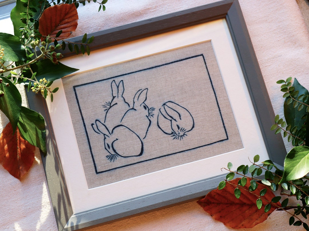 Hokusai's Rabbits: a Hand-block Wall Art Print in Natural Indigo Dye on ...