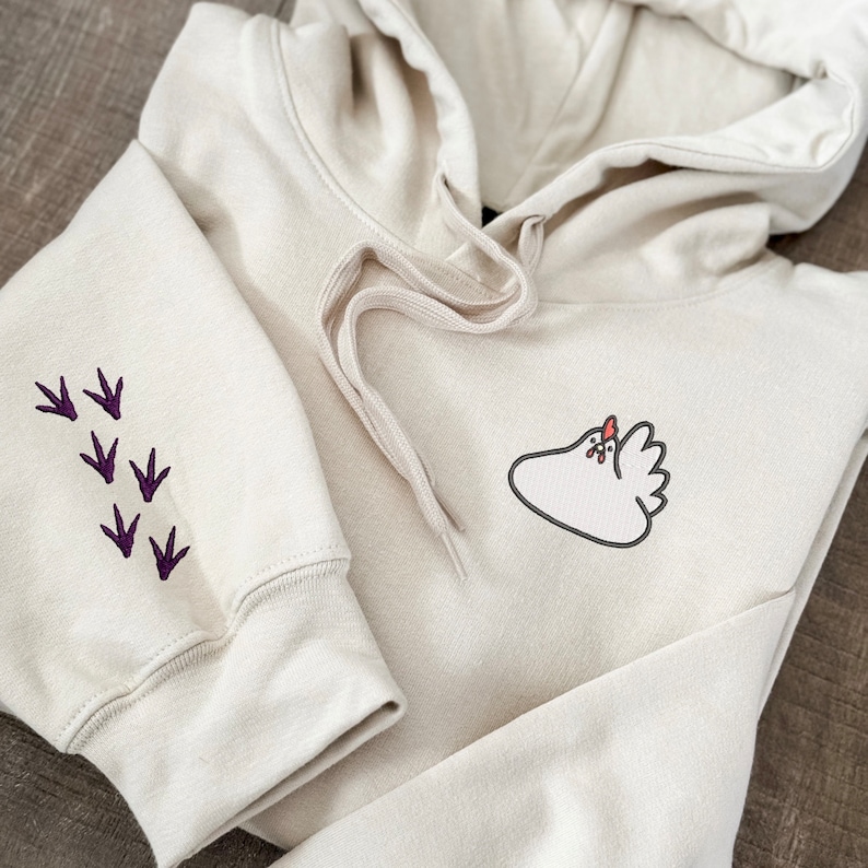 Embroidered Chicken Hoodie: Footprint Sleeve, Chicken Lover Gift - Etsy