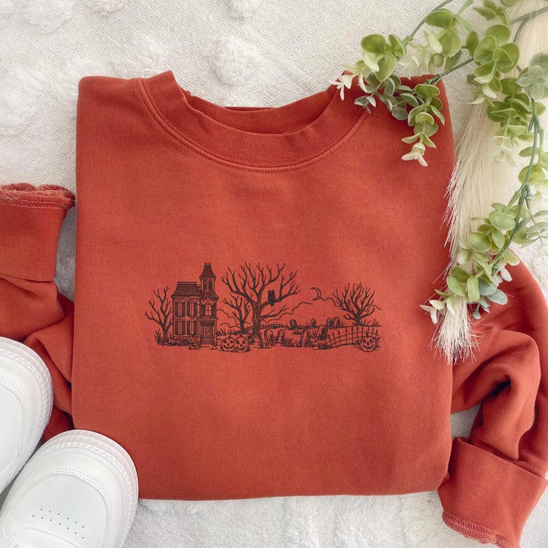 Embroidered Haunted House Sweatshirt: Pigment-dyed Halloween Pullover ...