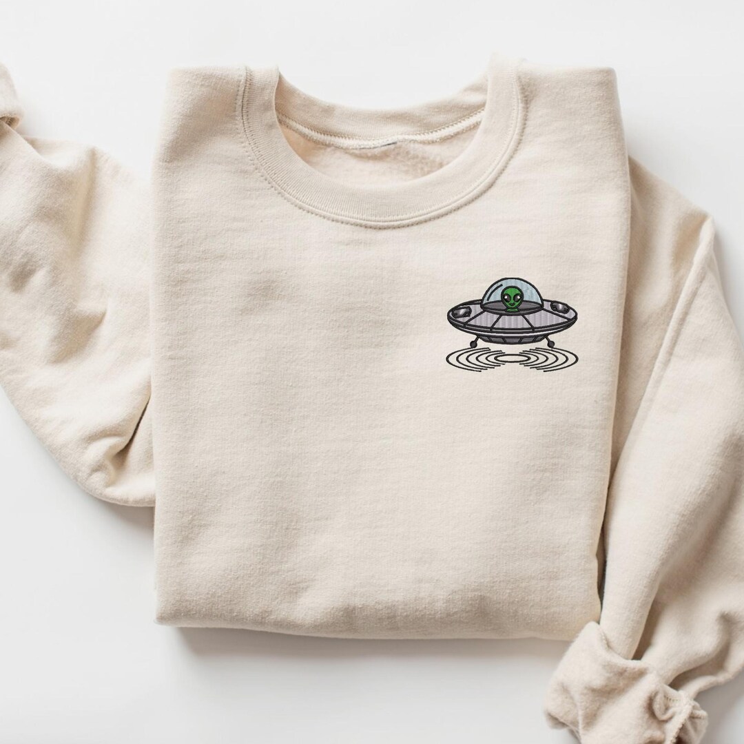 Embroidered Alien Sweatshirt, Trending UFO Stitched Crewneck Pullover ...