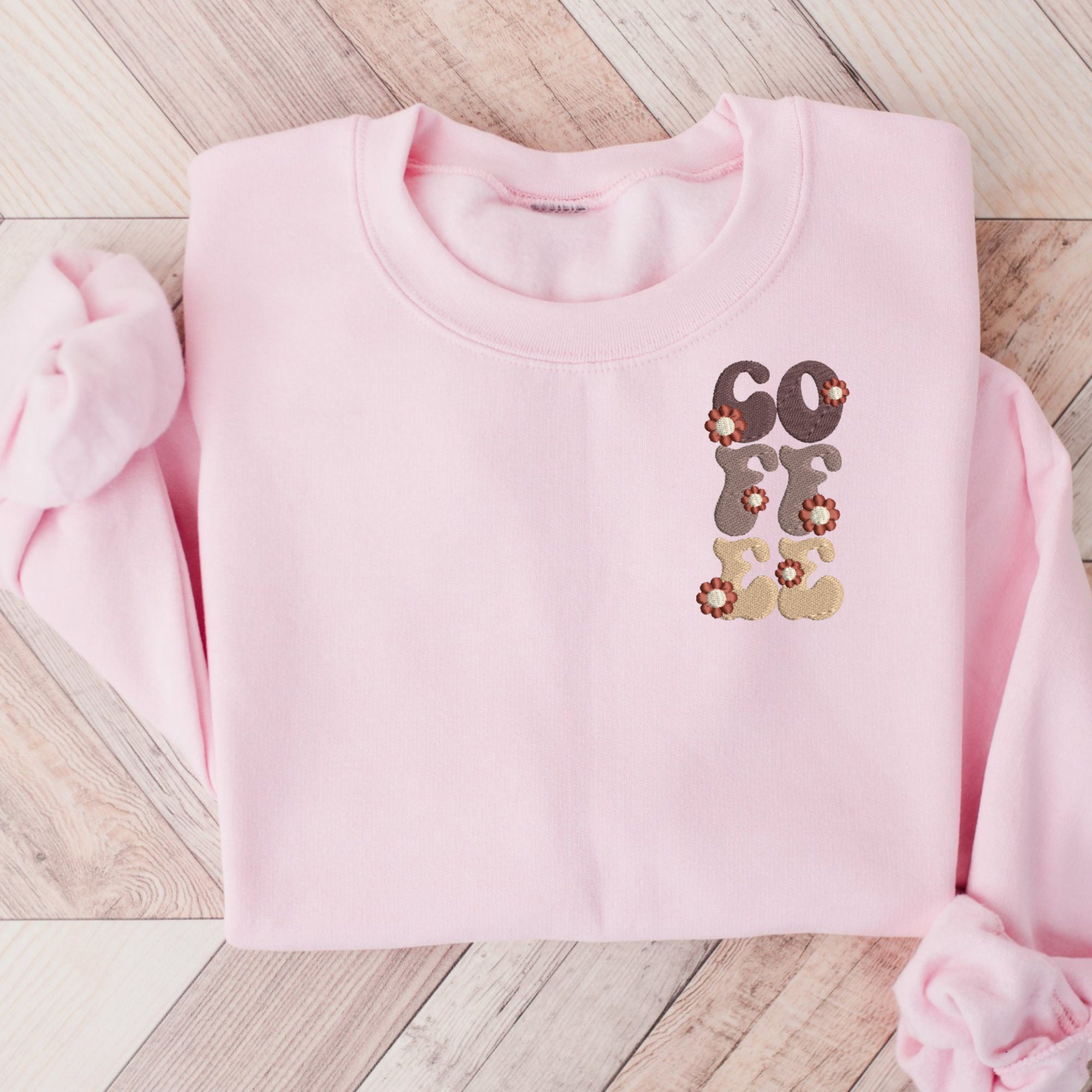 Embroidered Coffee Sweatshirt, Trendy Tonal Coffee Pullover, Coffee ...