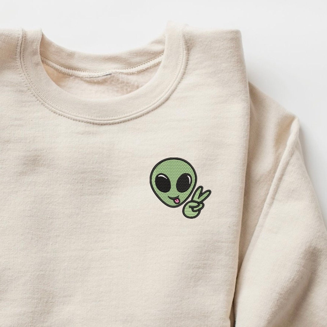 Embroidered Alien Sweatshirt, Crewneck Pullover, Extraterrestrial Peace ...
