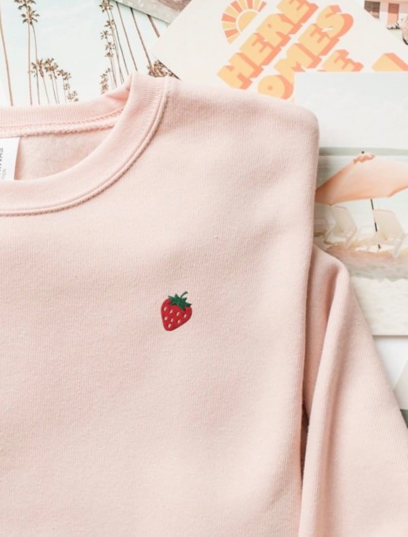 Embroidered Mini Strawberry Crewneck Sponge Fleece Sweatshirt, Stitched ...
