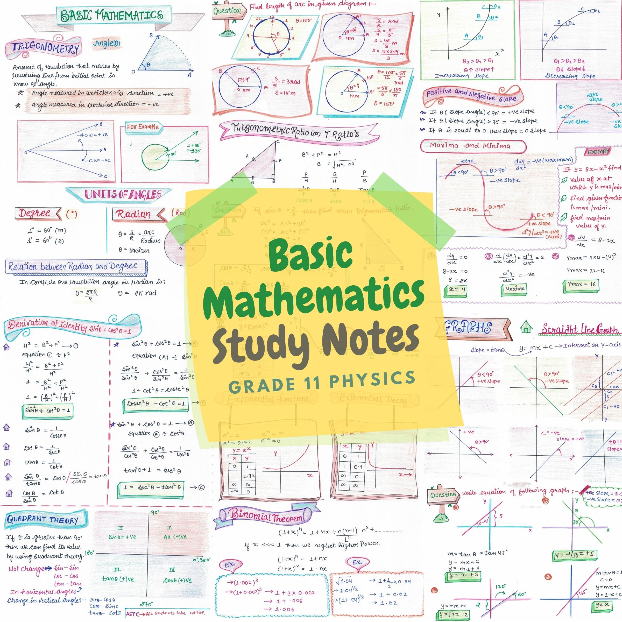 Basic Math | Trigonometry | Graphs - Grade 11 Physics Handwritten Color ...