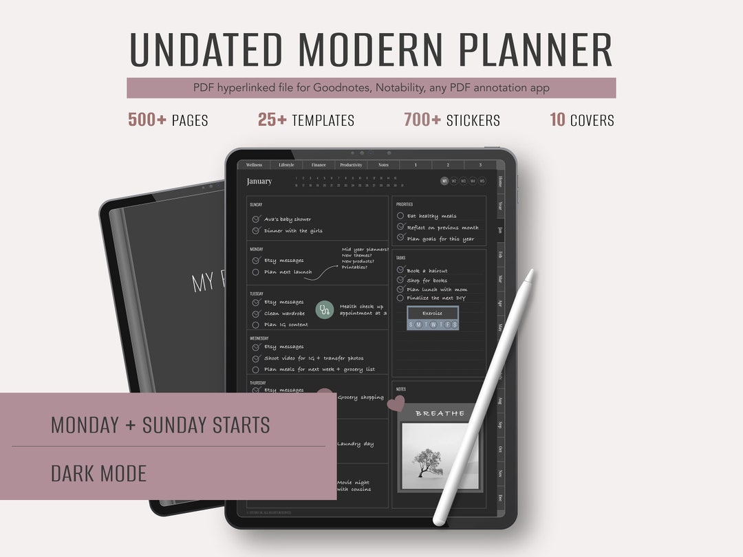 UNDATED DARK Digital Planner | Portrait | Goodnotes Notability Planner ...