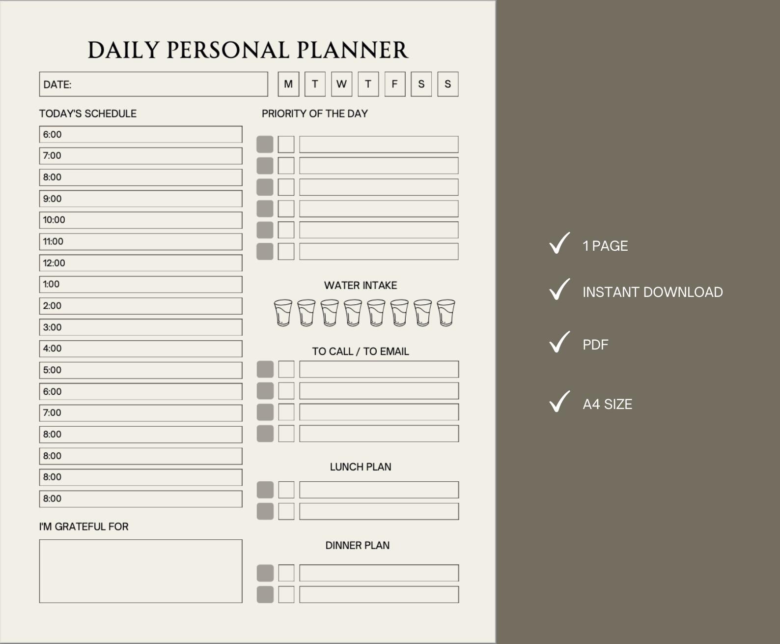 Daily Personal Planner, Printable PDF A4, Hourly Planner, Daily Plan ...