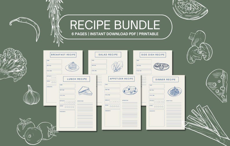 Bundle Recipe Pages, Printable PDF, Recipe Page, Instant Download ...