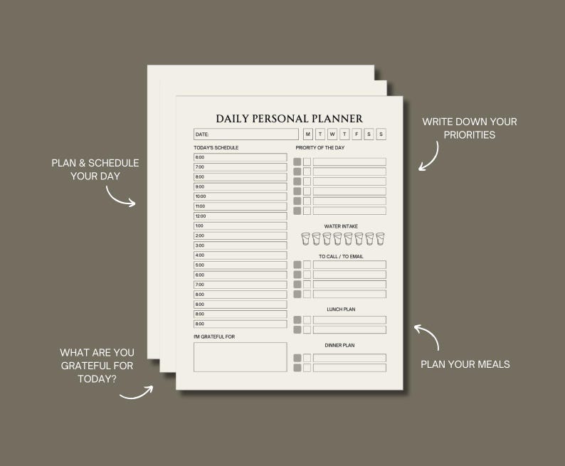 Daily Personal Planner, Printable PDF A4, Hourly Planner, Daily Plan ...