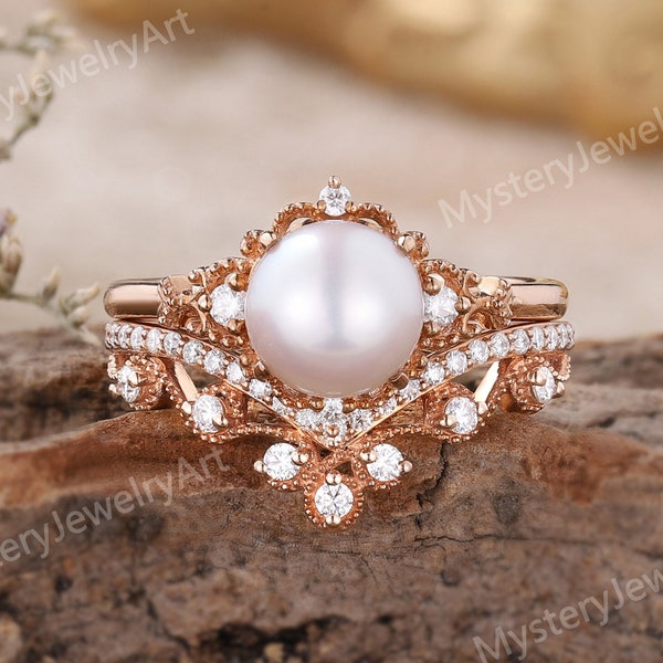 Pearl Engagement Ring Set - Etsy