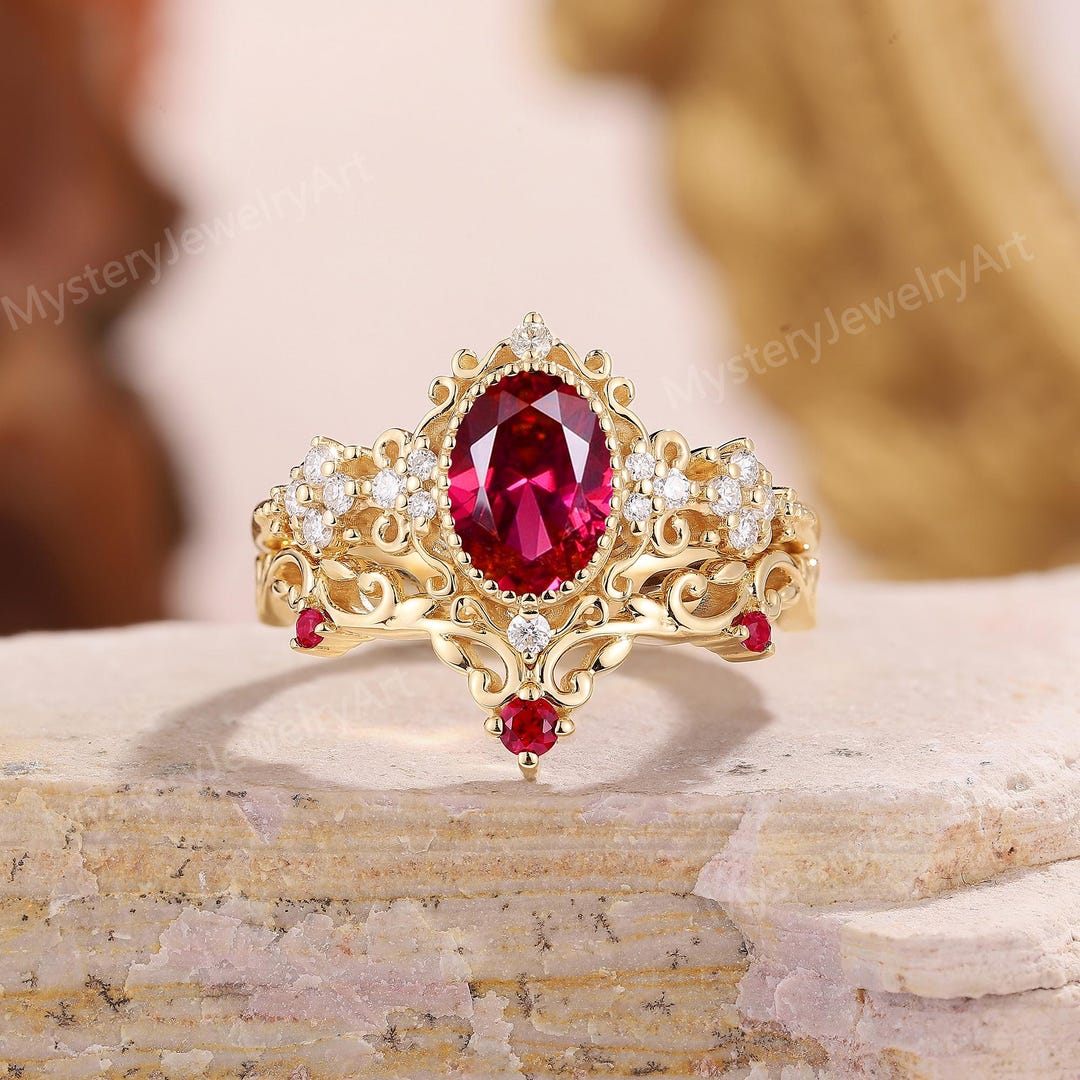 Vintage Ruby Engagement Ring Set Solid Gold Bridal Set Garnet Floral ...