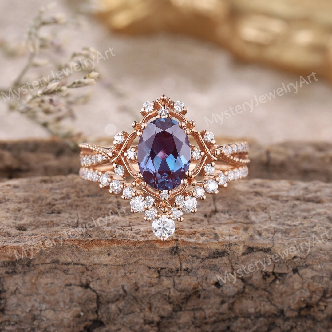 Unique Alexandrite Engagement Ring Set Oval Cut Alexandrite - Etsy