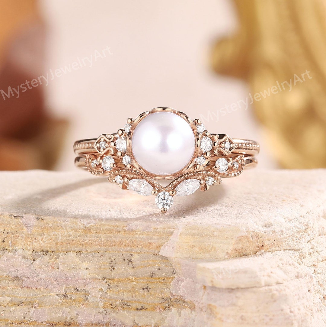 Vintage Pearl Engagement Ring Set Rose Gold Pearl Ring Moissanite ...