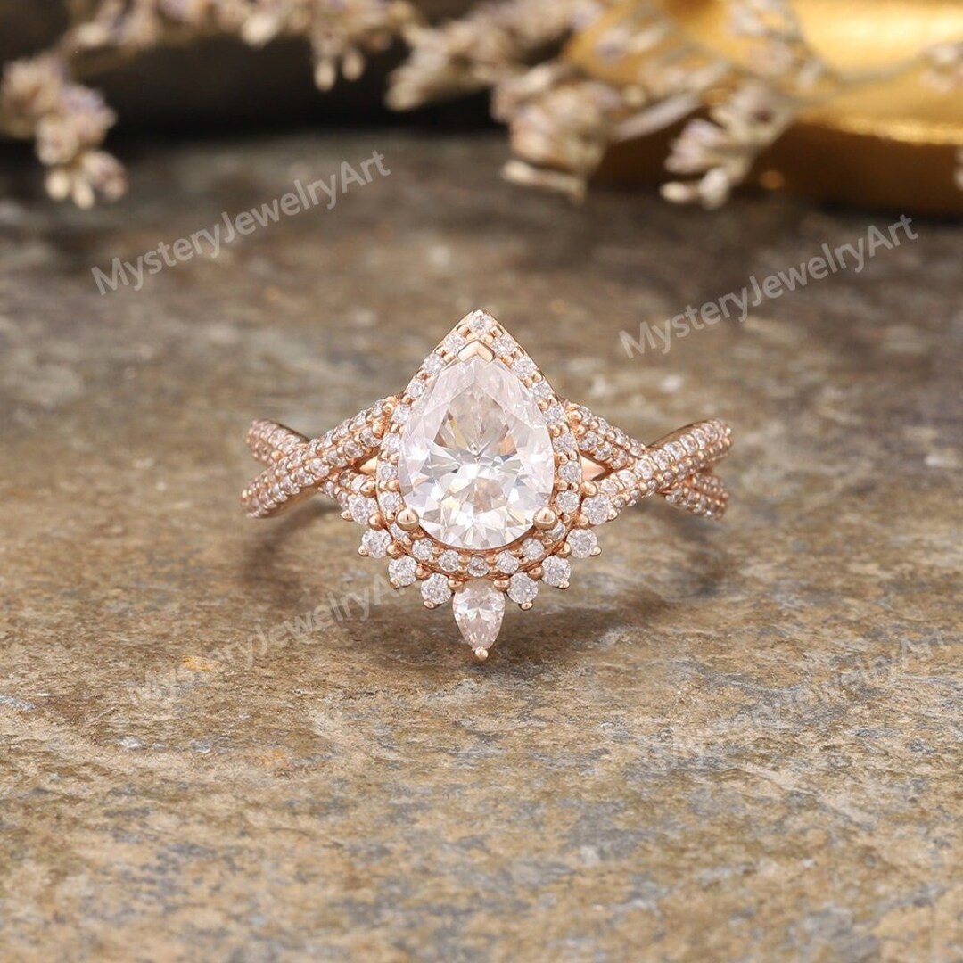Vintage Pear Cut Moissanite Engagement Ring Rose Gold Moissanite Twist Wedding Ring Diamond Halo ...