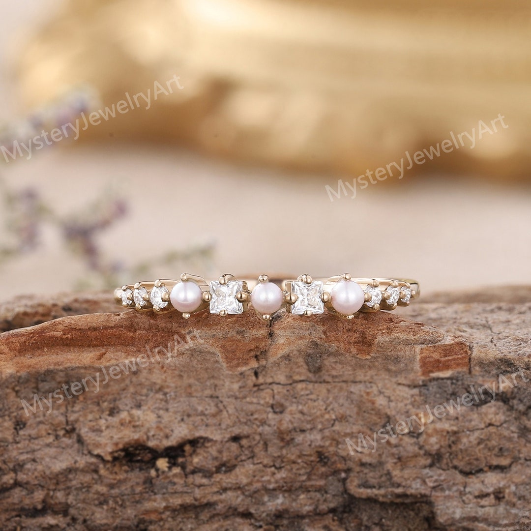 Unique Pearl Wedding Band Rose Gold Moissanite Wedding Ring Diamond ...