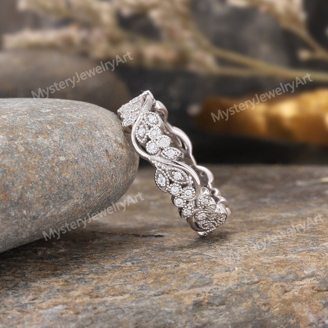 Vintage Moissanite Wedding Band White Gold Vine Ring Leaf Floral ...